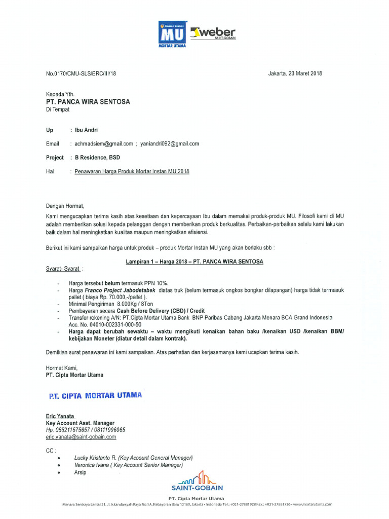 0170 - Penawaran Harga Mu 2018 - Pt. Panca Wira Sentosa (B Residence ...