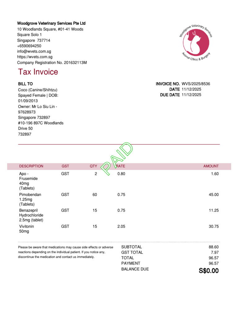 Woodgrove Vet Invoice for Coco's Meds | PDF
