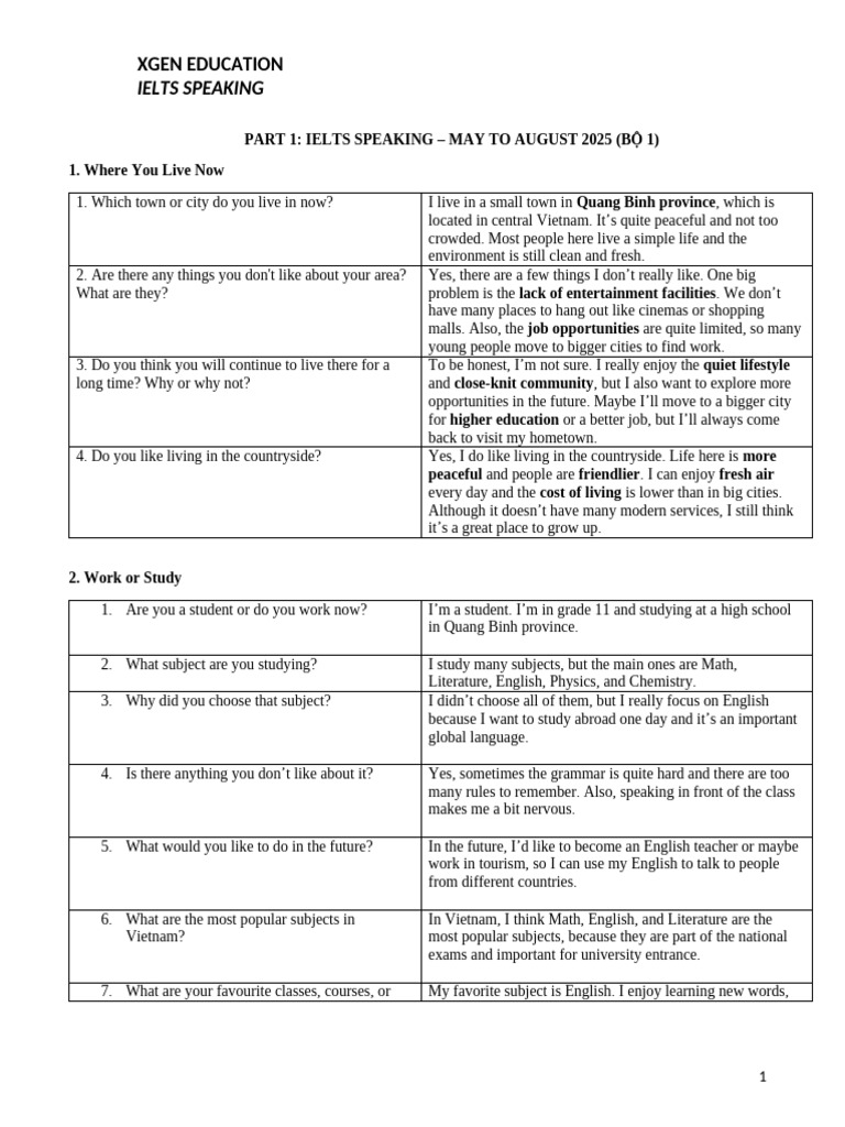IELTS Speaking Part 1: Quang Binh Insights | PDF | Cost Of Living ...