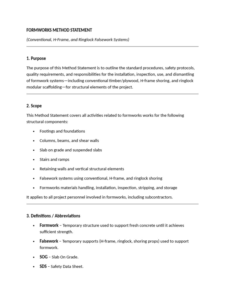 Formwork Method Statement Guide | PDF | Concrete | Structural Engineering