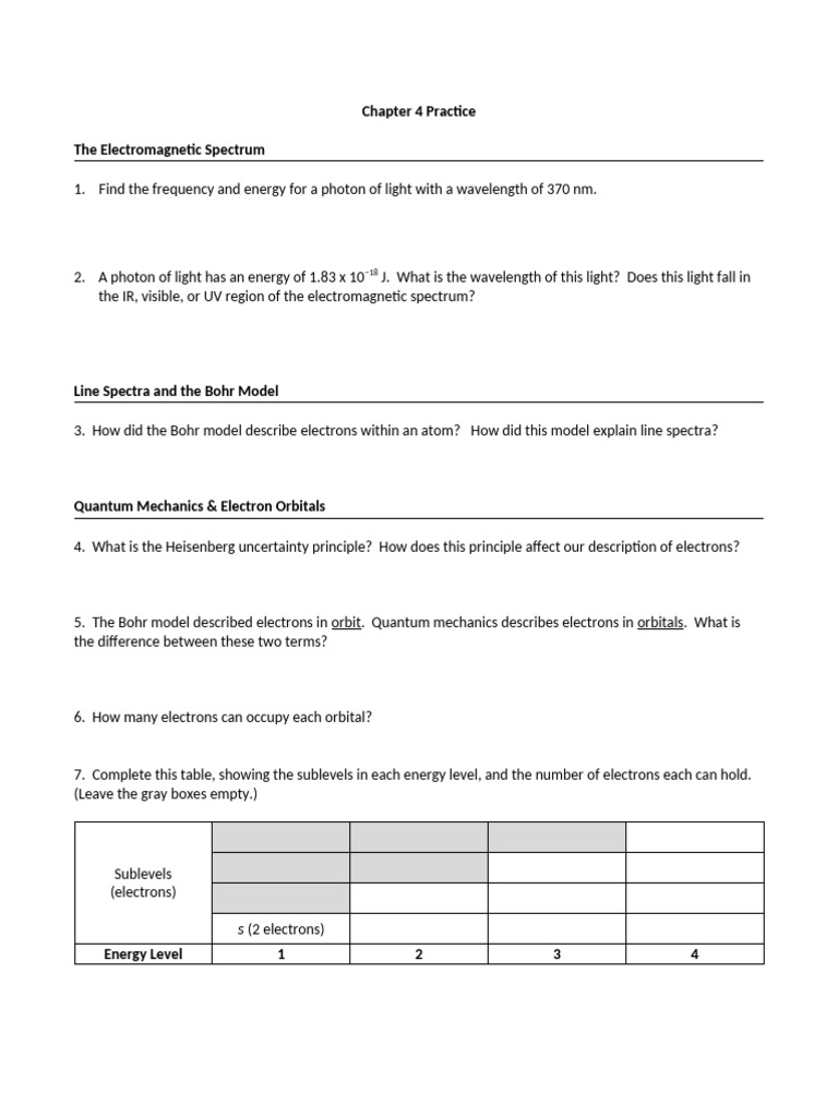 Chapter 4 Worksheet | PDF | Electron Configuration | Electron