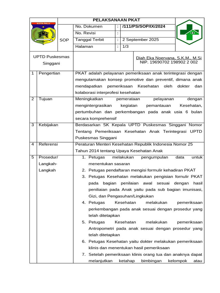 Prosedur Pelayanan PKAT Anak Terintegrasi | PDF