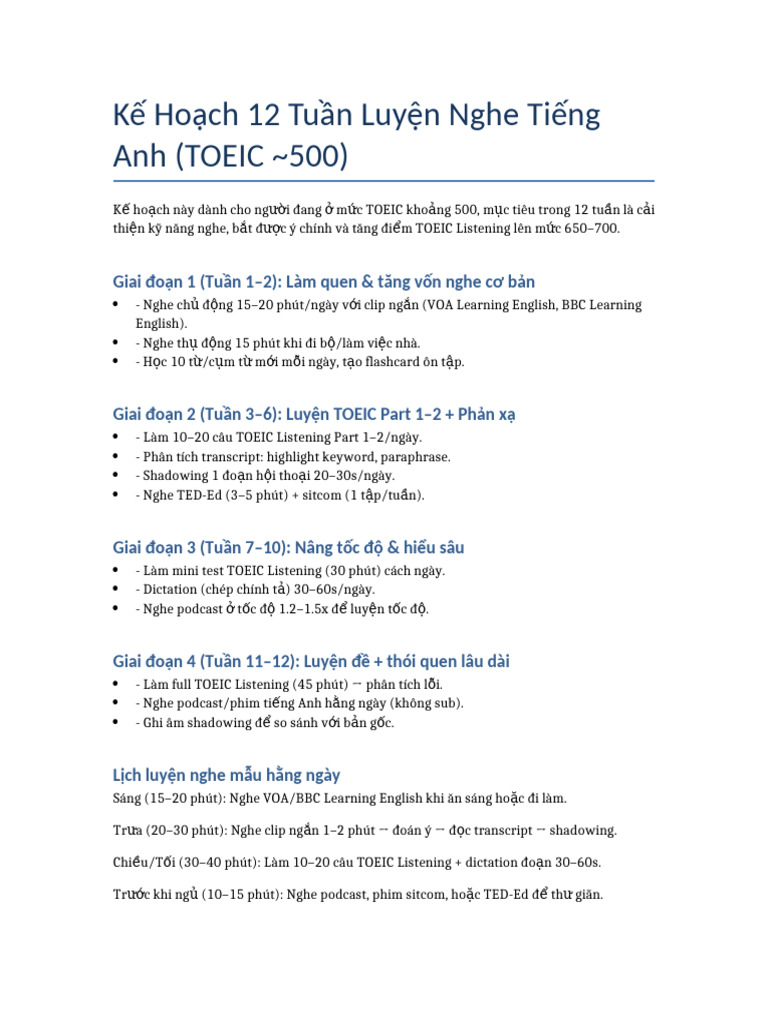 Ke Hoach Luyen Nghe TOEIC | PDF