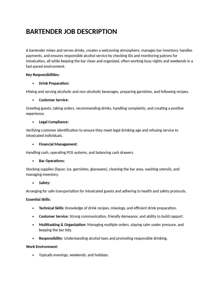 Bartender Job Description & Responsibilities | PDF