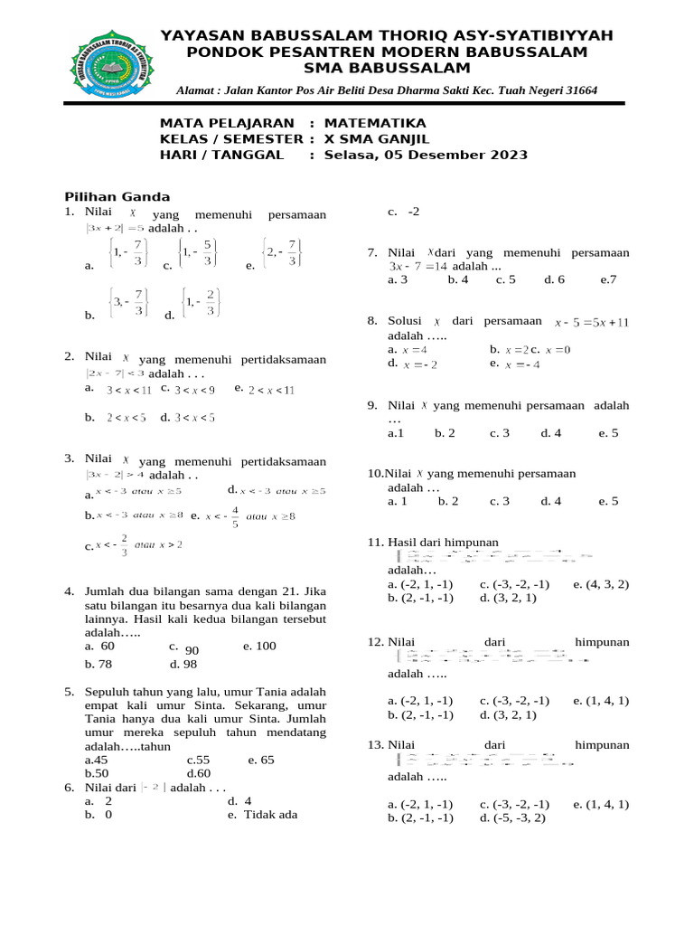 Soal MTK Kls 10 Sma Ganjil 2023 | PDF