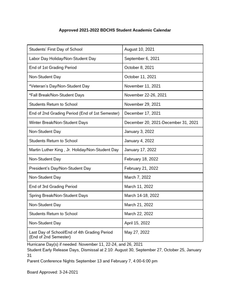 2021-2022 BDCHS Academic Calendar | PDF