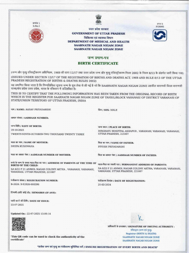 Aarav Birth Certificate | PDF