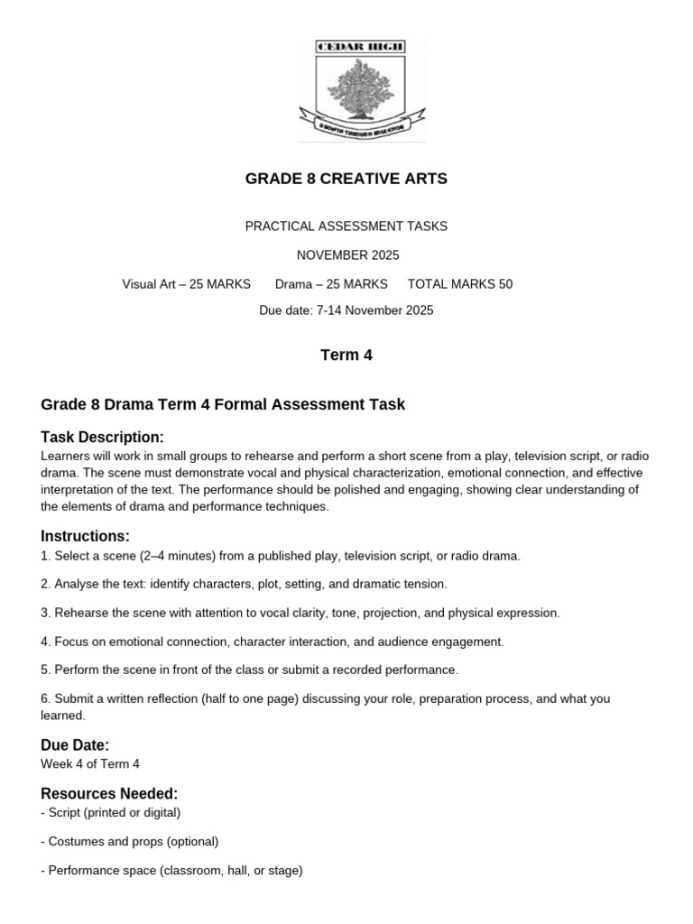 Grade 8 Visual Arts Term4 Assessment Task 1 2025 | PDF
