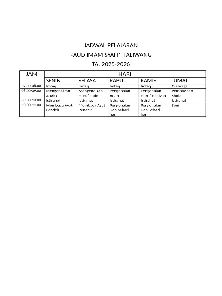 JADWAL PELAJARAN PAUD | PDF