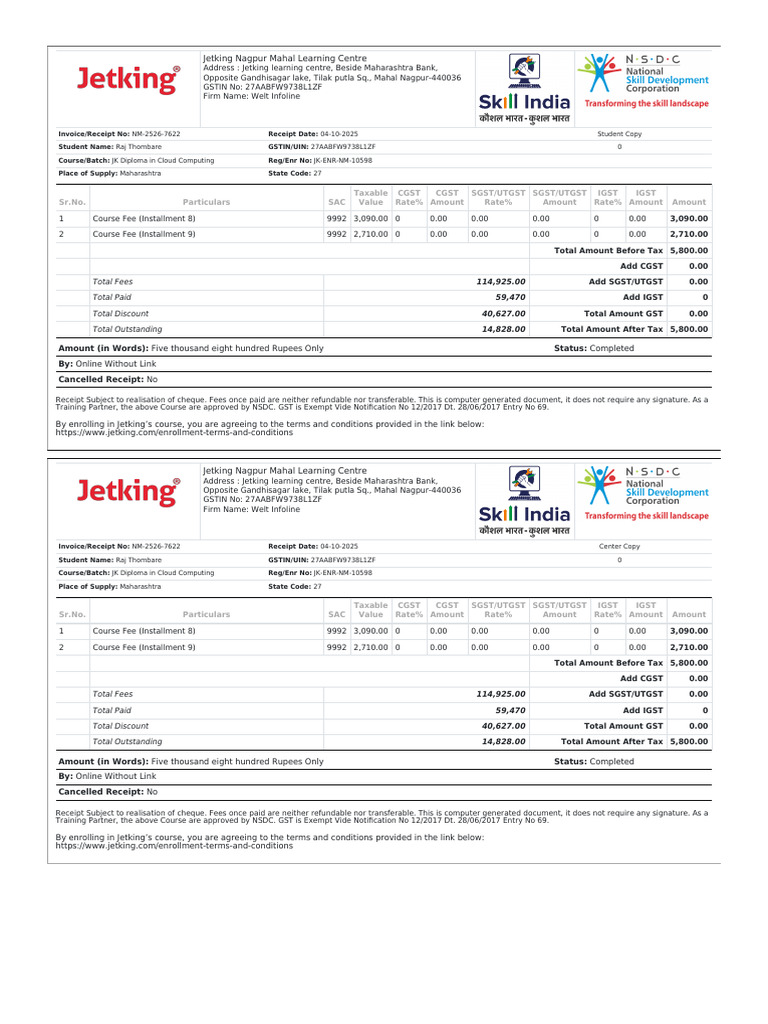 Jetking Nagpur Cloud Computing Receipt | PDF | Value Added Tax | Receipt