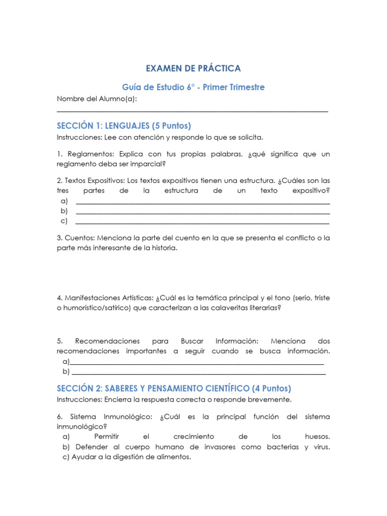 Guía de Estudio 6° Primer Trimestre | PDF