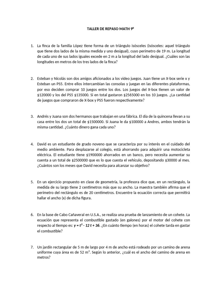 Taller de Repaso Math 9 | PDF | Triángulo