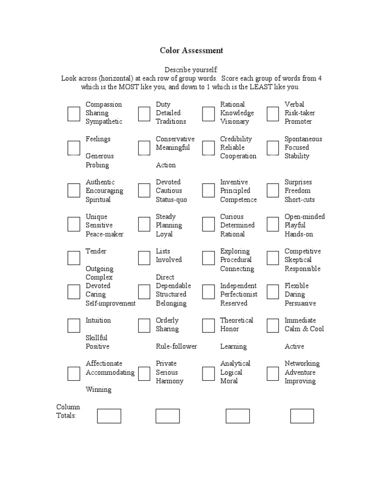 Color Assessment Scoring Guide | PDF | Science & Mathematics