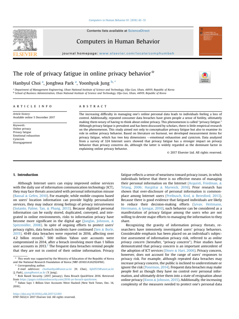 Privacy Fatigue - H. Choi Et Al. | PDF | Privacy | Occupational Burnout