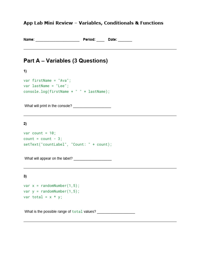 App Lab Review: Variables, Conditionals, Functions | PDF