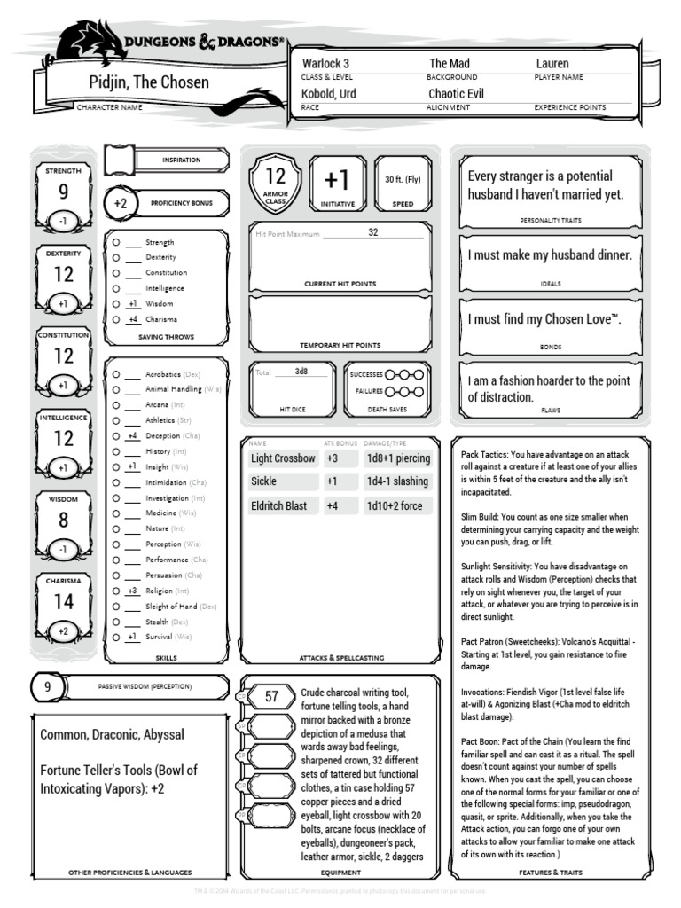 D&D Warlock Character Sheet Template | PDF | Dungeons & Dragons | D20 ...