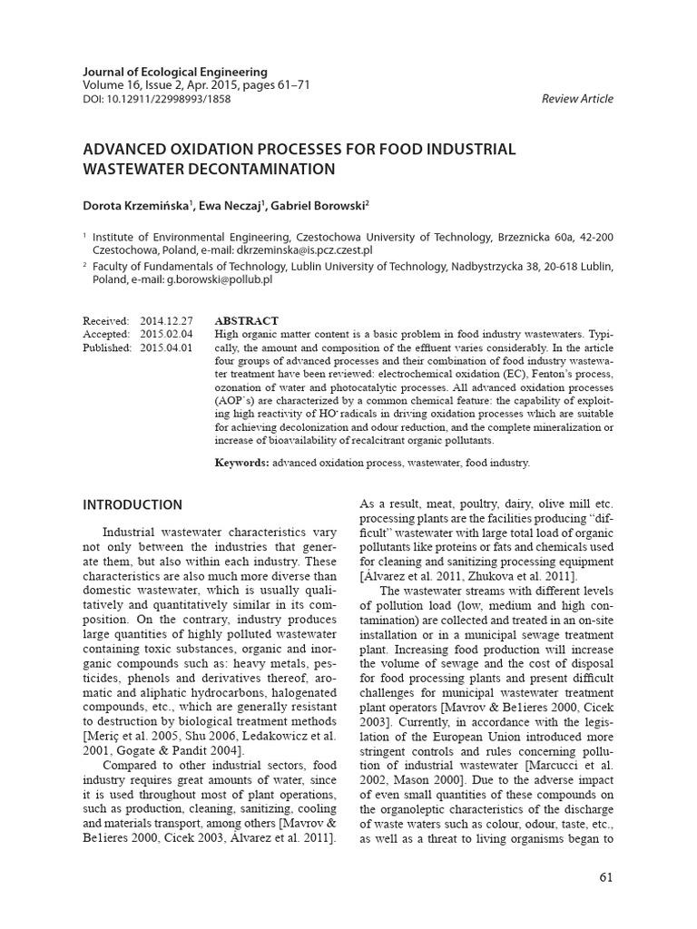 Advanced Oxidation for Food Wastewater | PDF | Hydrogen Peroxide | Ozone