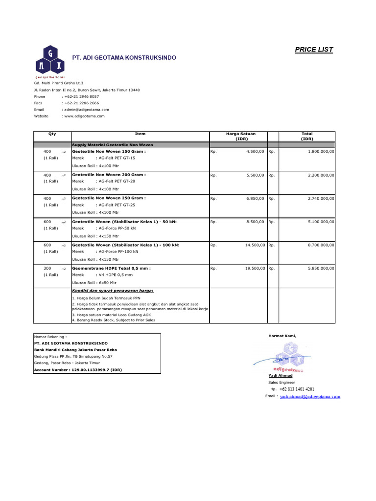 Geotextile Price List and Specifications | PDF