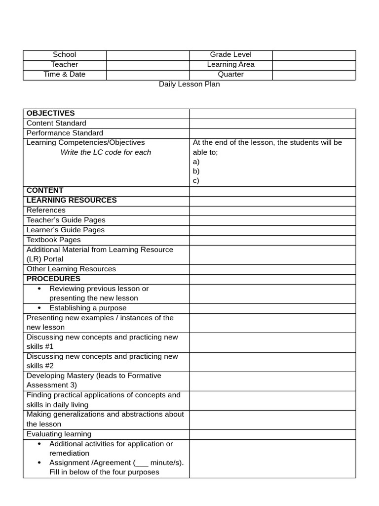 Daily Lesson Plan Template for Teachers | PDF | Lesson Plan | Learning
