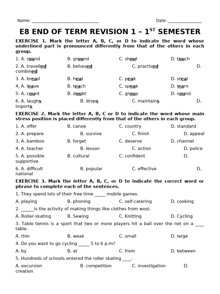 E8 Semester 1 Revision Exercises | PDF