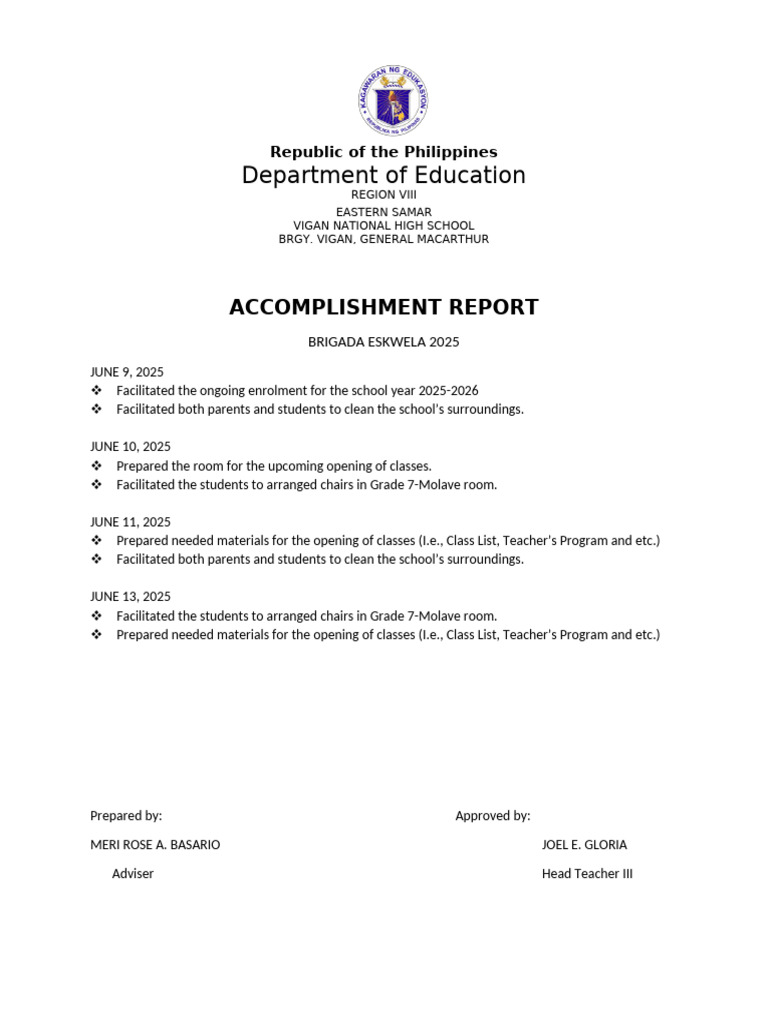 Brigada Eskwela 2025 Accomplishment Report | PDF