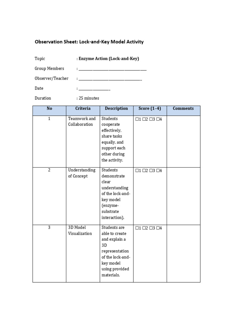 Observation Sheet Lock and Key Model | PDF | Enzyme | Cognition