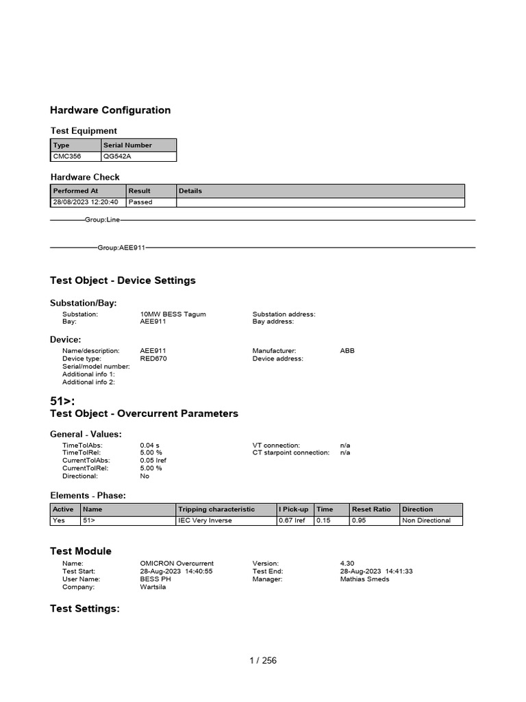 Overcurrent Testing Report for ABB RED670 | PDF | Phase (Waves ...