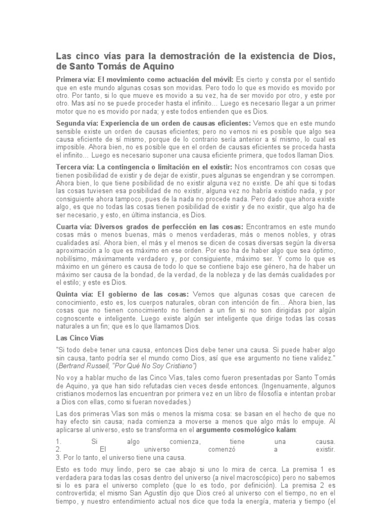 Las Cinco Vias para La Demostracion de La Existencia de Dios | PDF | Existencia | Filosofía