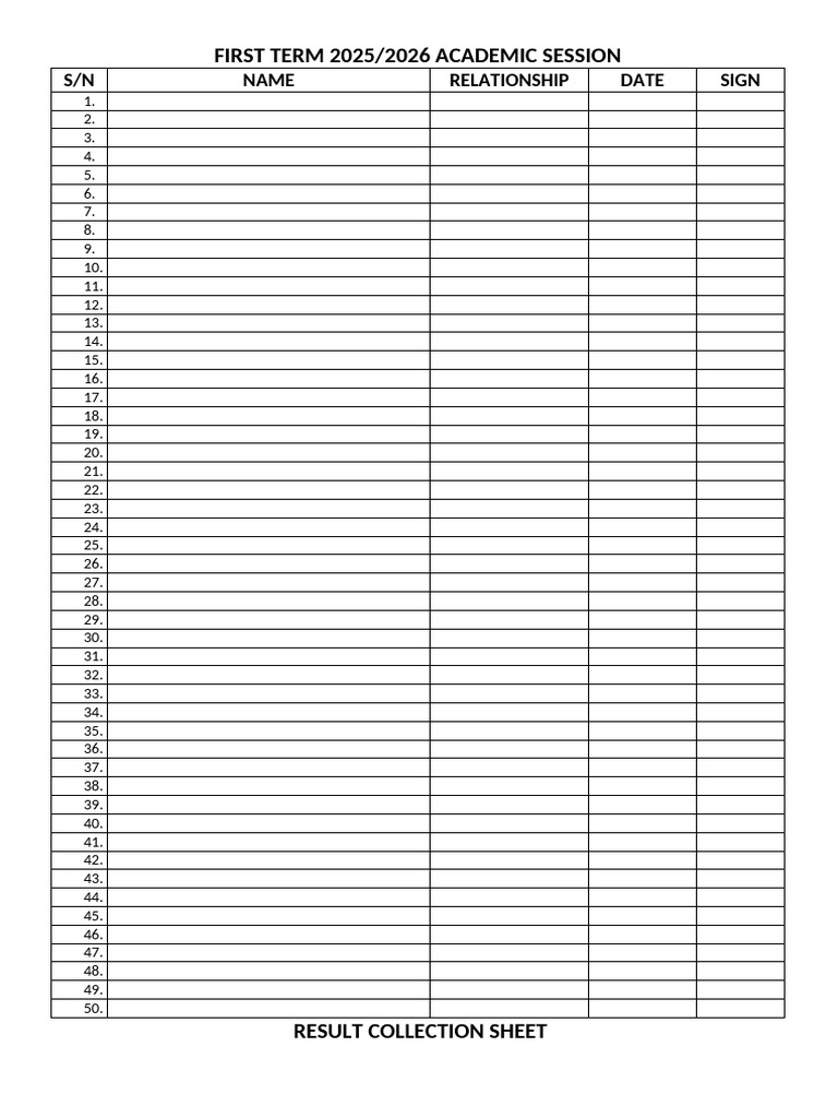 First Term 2025 Result Collection Sheet | PDF