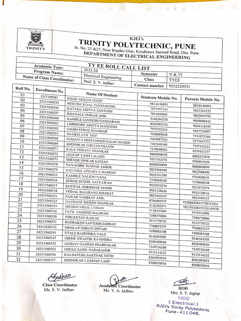 Ty EE Roll Call List | PDF