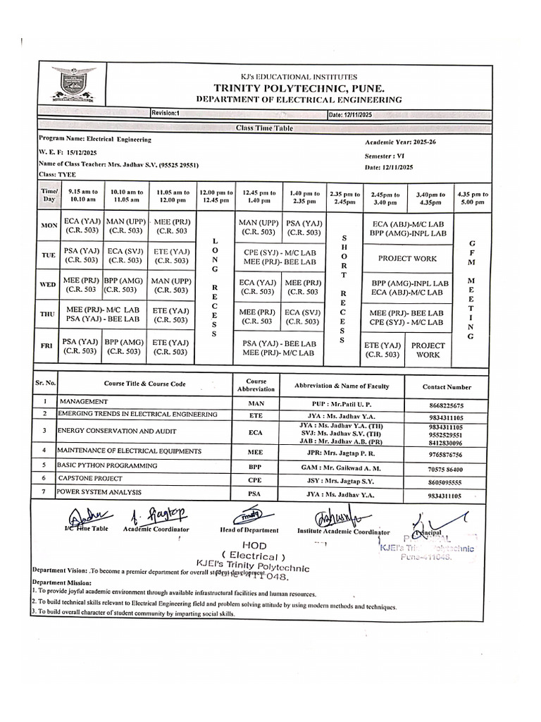 TY EE Class Time Table | PDF