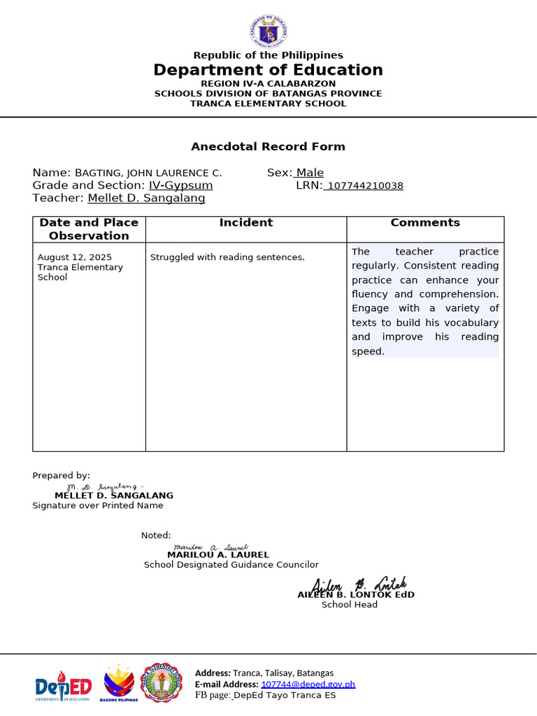 Tranca Elementary School Anecdotal Records | PDF | Reading ...