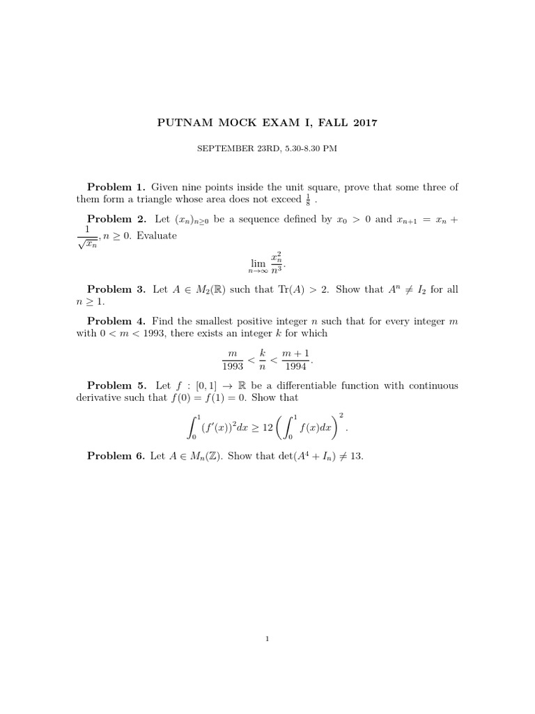 Putnam Mock Exam I University of Pittsburgh 2017 | PDF
