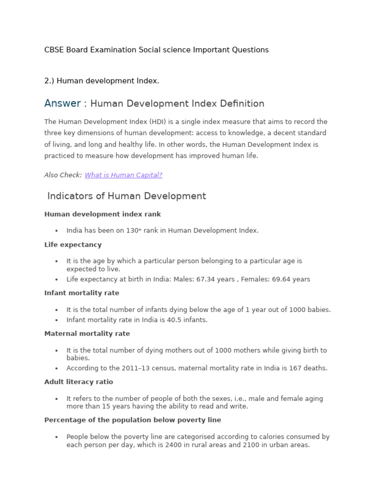 CBSE Class 10 Human Development Index | PDF