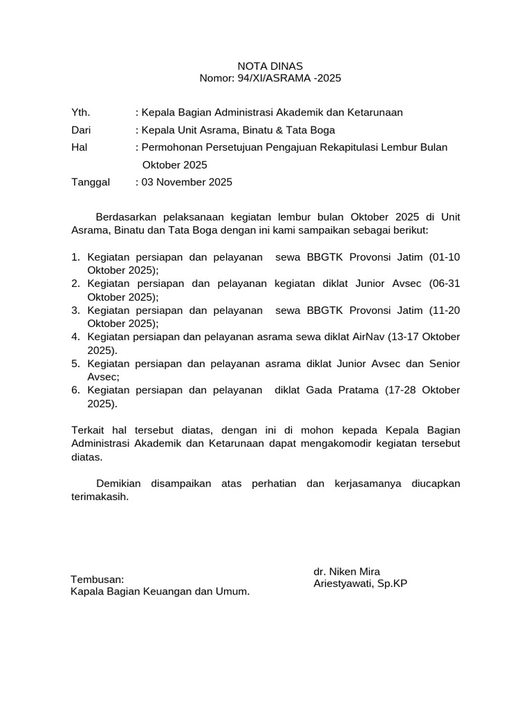 Rekap Lembur Asrama Oktober 2025 | PDF