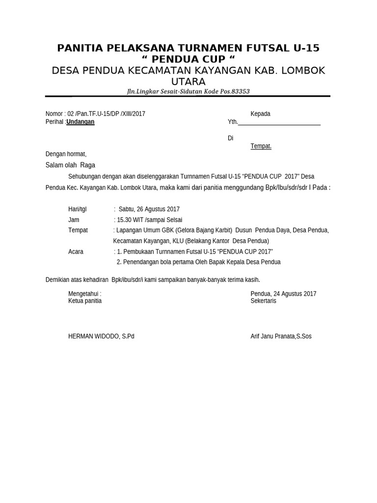 Undangan Turnamen Futsal U-15 Pendua Cup | PDF