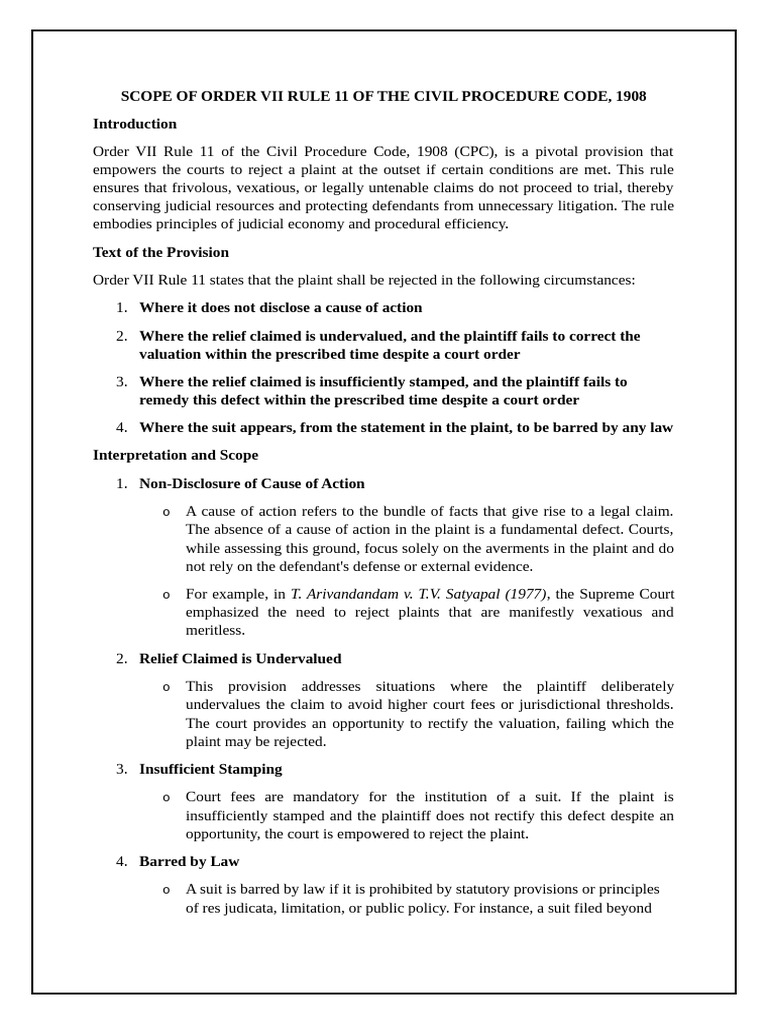 Order VII Rule 11 CPC Explained | PDF | Lawsuit | Vexatious Litigation