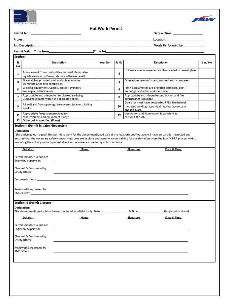Hot Work Permit Safety Checklist | PDF | Mechanical Engineering | Fires