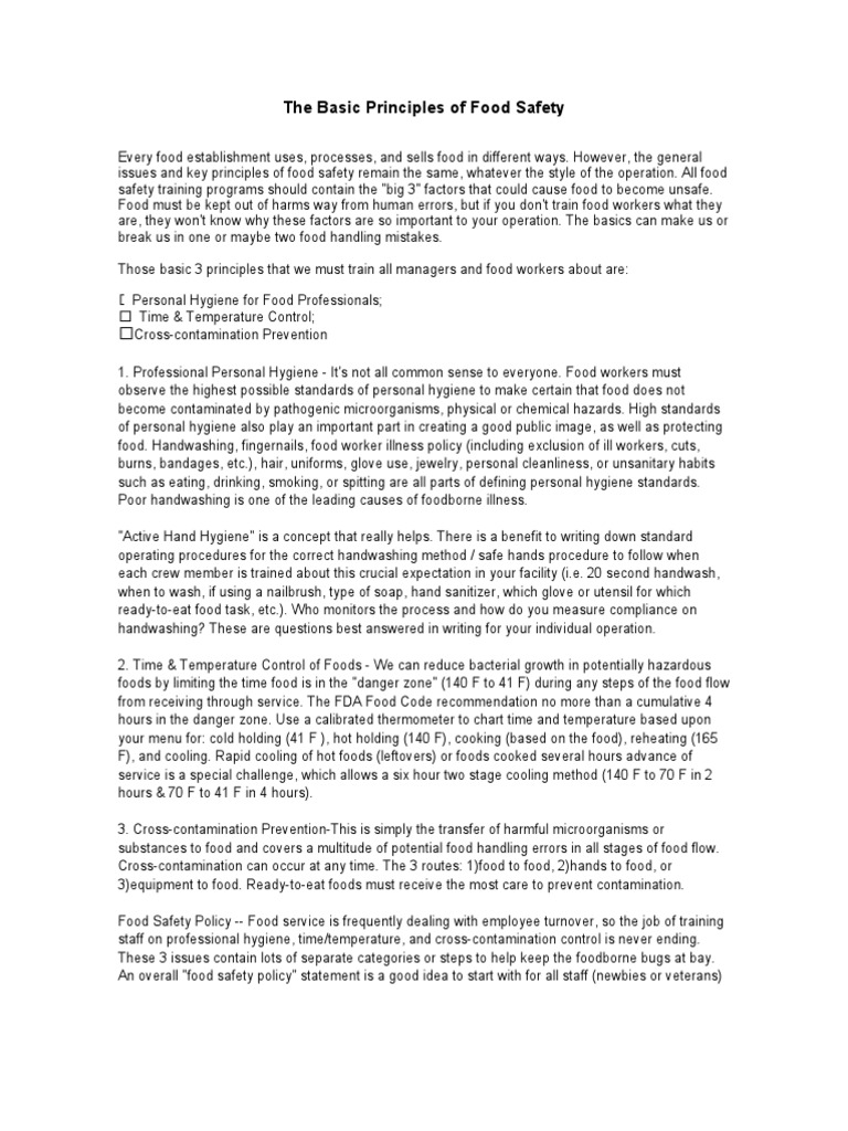 The Basic Principles of Food Safety | PDF | Hygiene | Foodborne Illness