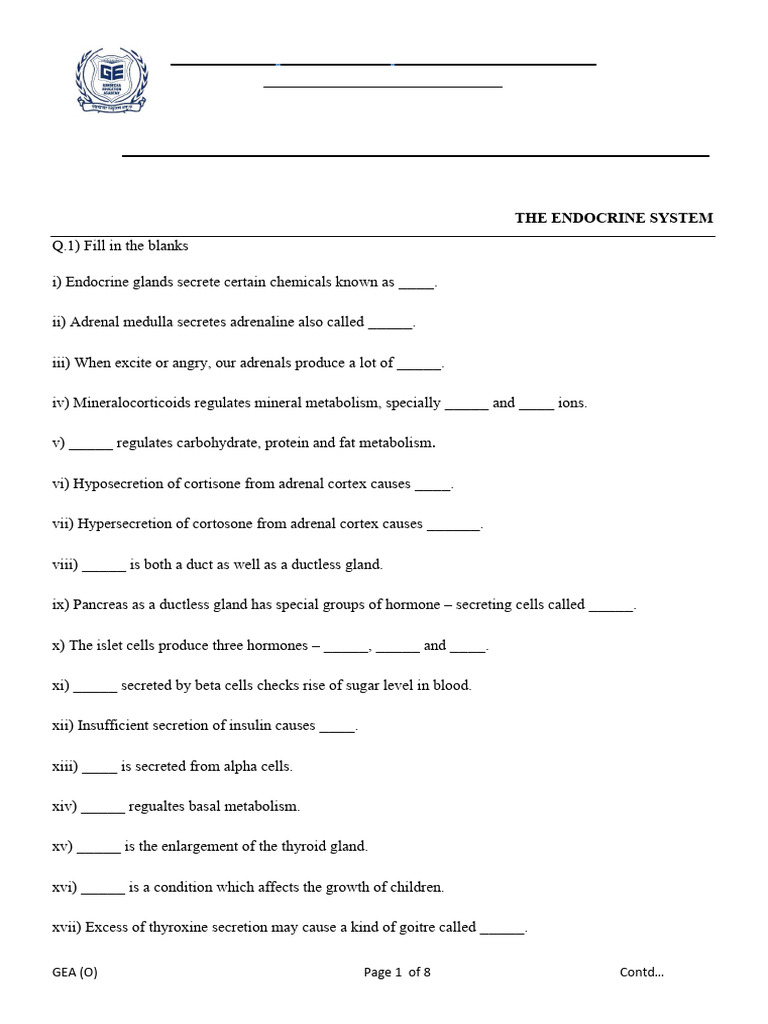 Endocrine System Worksheet for Grade X | PDF | Adrenal Gland ...