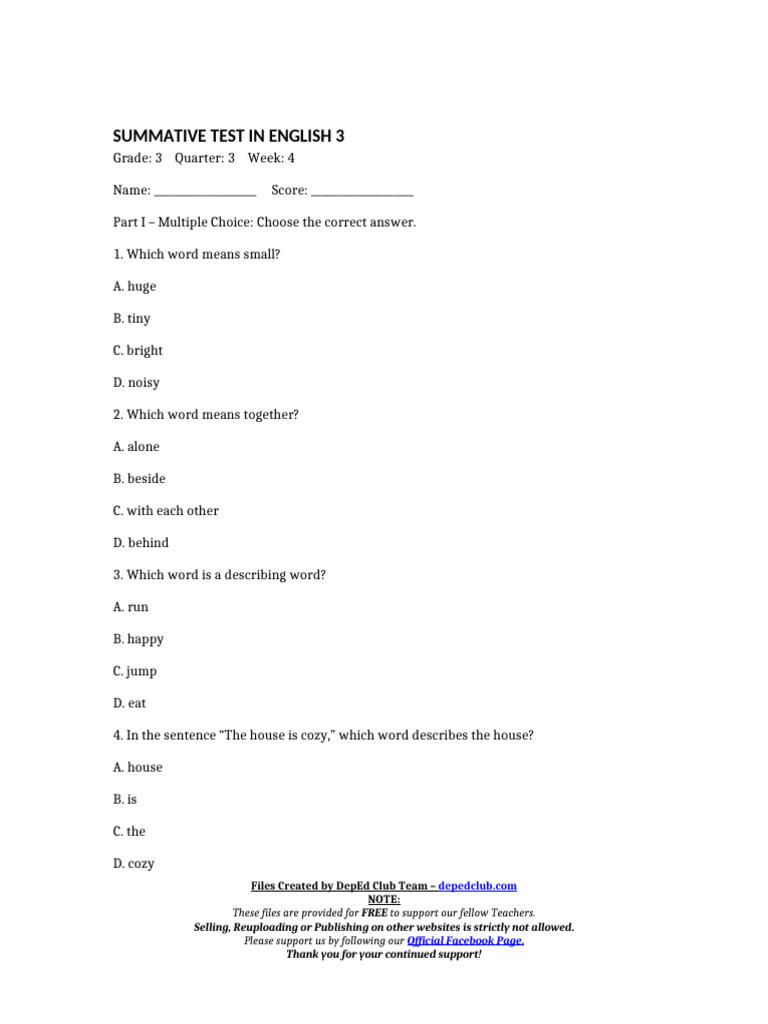 English 3 Summative Test Guide | PDF | Grammar | Linguistics