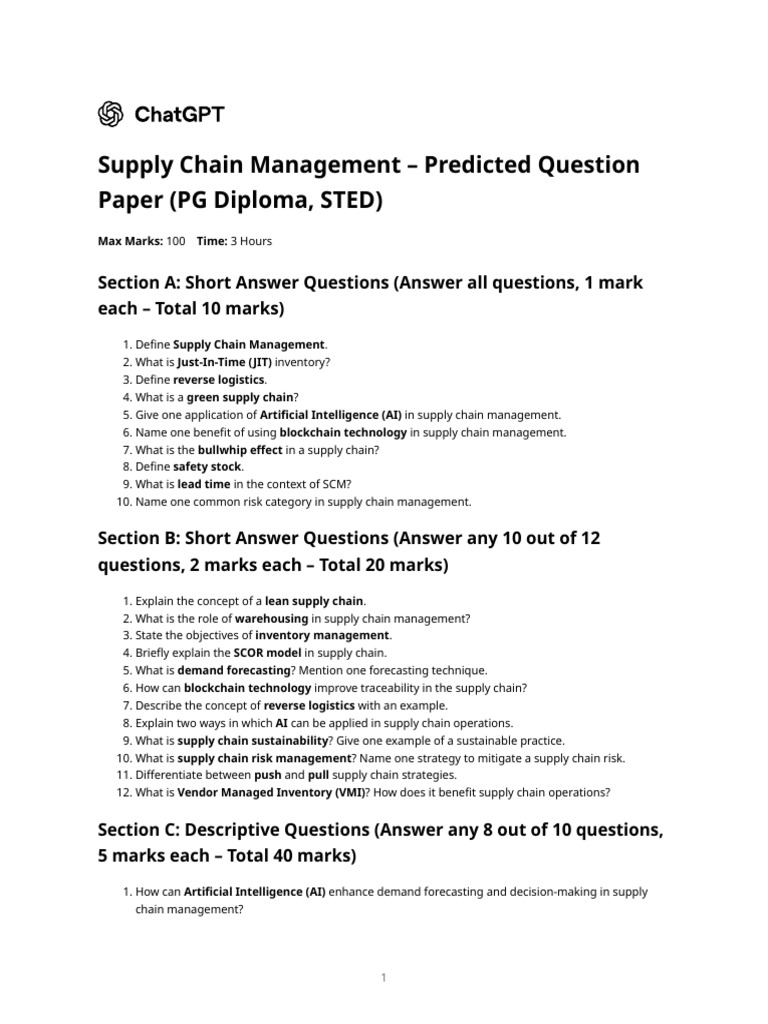 Supply Chain Management Exam Guide | PDF | Supply Chain Management ...