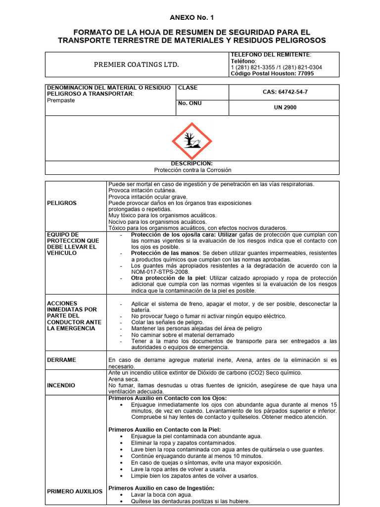 Hoja Resumen de Seguridad-Prempaste Packaging | PDF | Agua