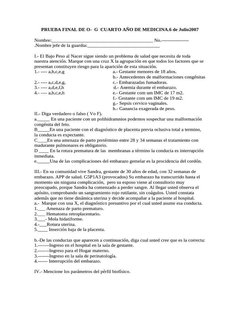 Prueba Final de Oy G Julio 6-07 | PDF | El embarazo | Vagina