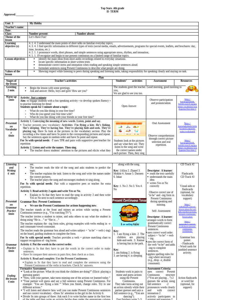 4th Grade Lesson Plan: My Hobby | PDF | Reading Comprehension | Vocabulary