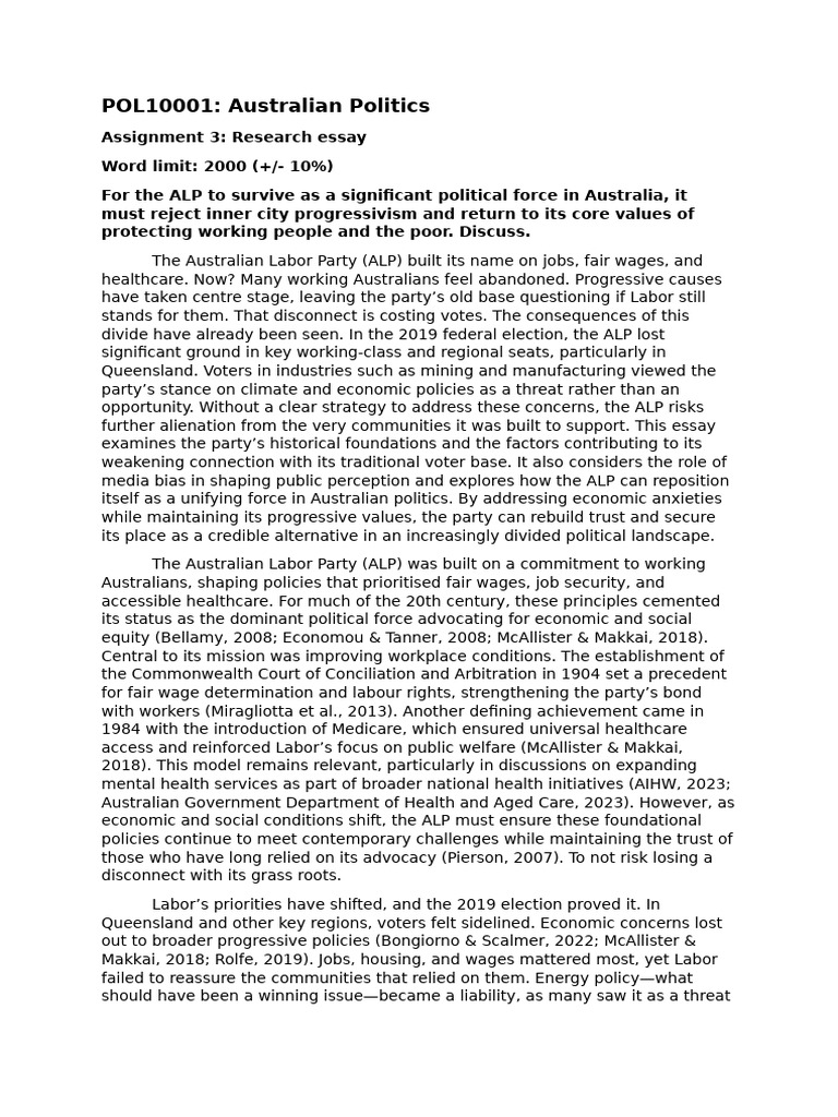 POL10001 Australian Politics - Assignment 3 Research Essay - Damien ...