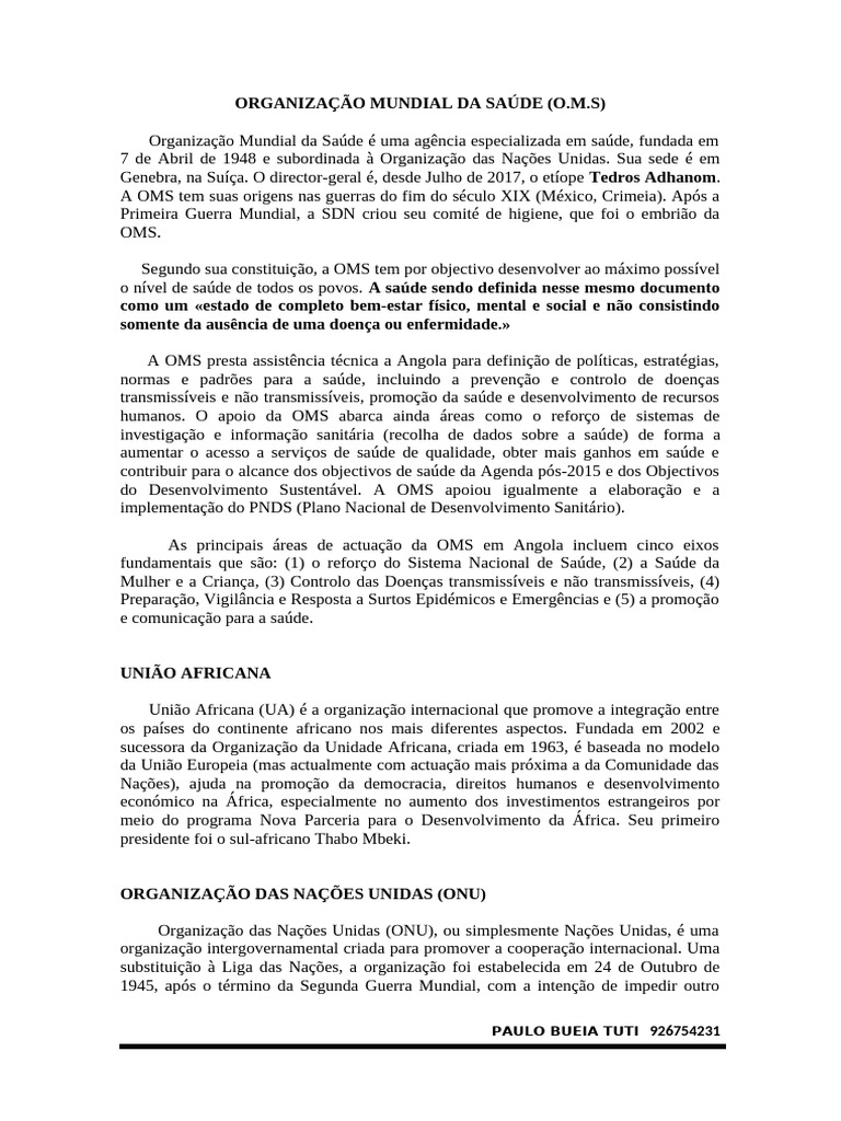 Cultura Geral - Tuti | PDF | Organização Mundial da Saúde | Angola