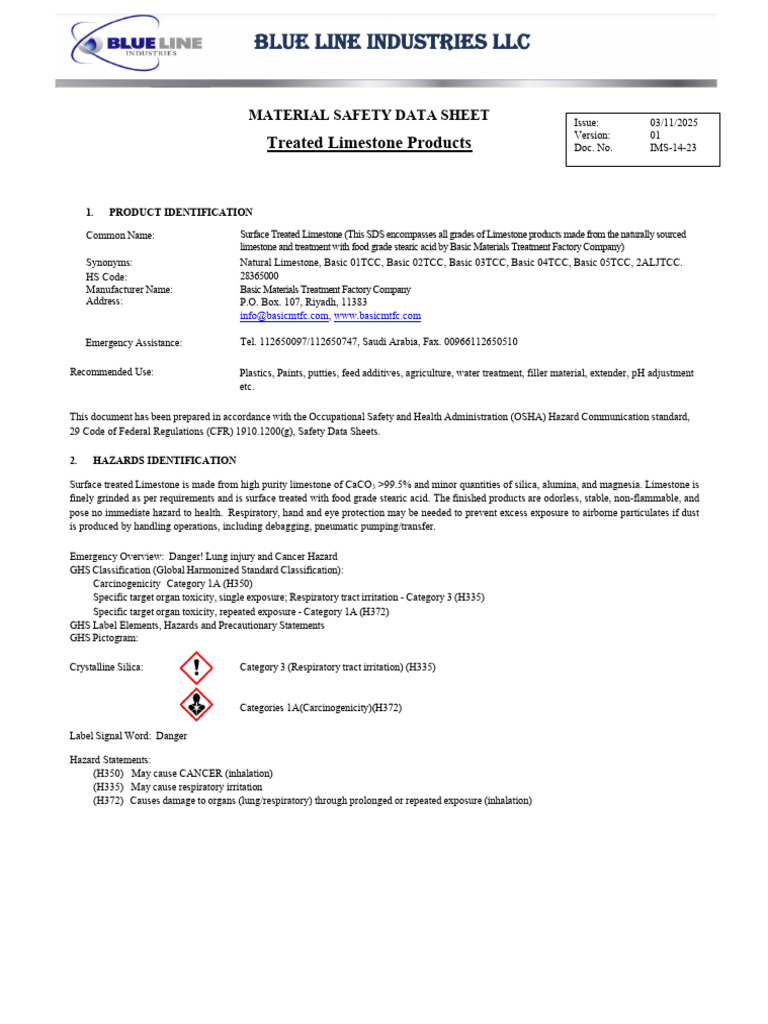 Treated Limestone Safety Data Sheet | PDF | Dangerous Goods | Materials