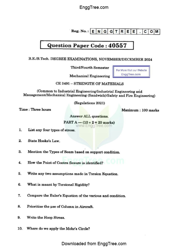 CE3491 Strength of Materials Nov Dec 2024 Question Paper Download | PDF