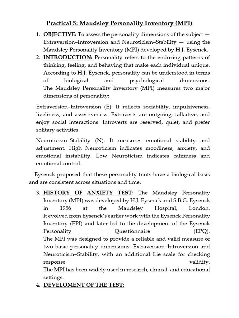 Maudsley Personality Inventory Guide | PDF | Extraversion And ...